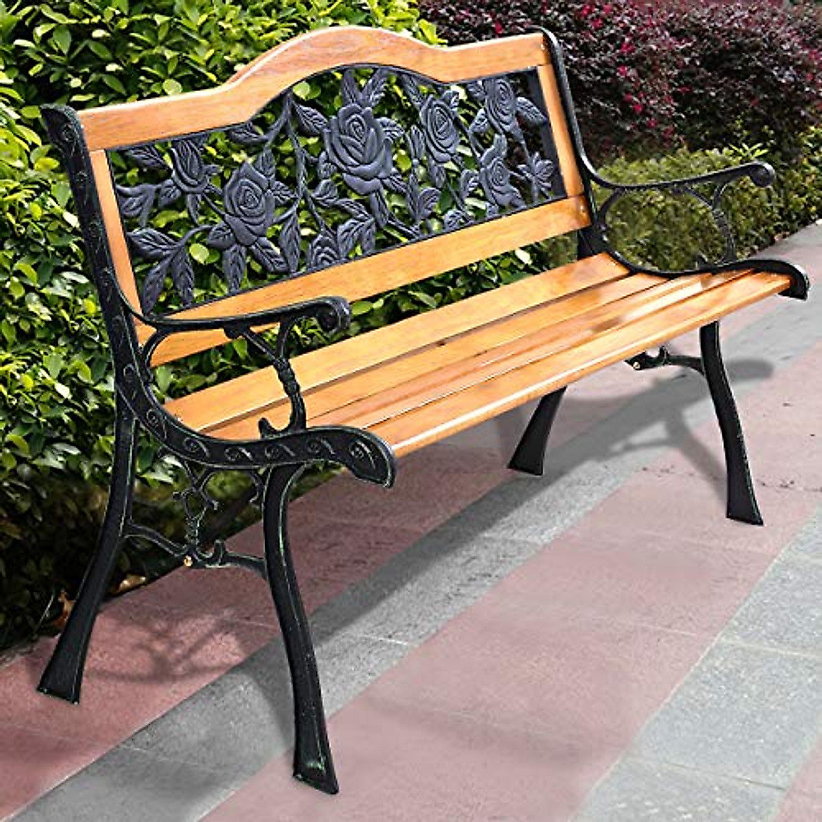 Tangkula Outdoor Garden Bench Park Bench, Patio Furniture Bench Chair with Cast Iron & Hardwood Structure, Weather Proof Porch Loveseat, Perfect for Backyard, Deck, Lawn, Poolside