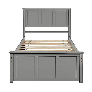 P PURLOVE Twin Size Bed Frame with Trundle,Wood Platform Bed with Twin Size Trundle Bed,Twin Platform Bed Frame with Headboard with Slat Support, No Box Spring Need