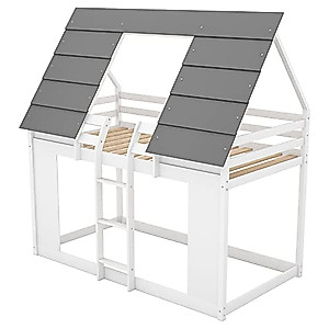 Harper & Bright Designs House Bunk Bed for Kids, Low Bunk Bed Twin Over Twin, Wood Toddler Bunk Beds Frame with Roof and Ladder for Girls Boys, White