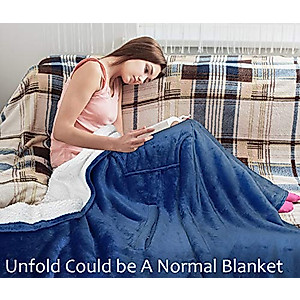 Tirrinia Sherpa Wearable Blanket Super Soft Comfy Plush Fleece Poncho for Adult Women Men Kids Throw Wrap Cover Sweatshirt Indoors or Outdoors, 55''x 80'' Navy