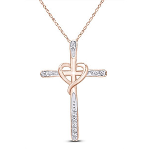 Jewel Zone US White Natural Diamond Cross Heart Pendant in 10K Rose Gold (1/20 cttw)
