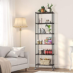 NATRKE 6-Tier Storage Shelf Wire Shelving Unit, Adjustable Heavy Duty Storage Shelves for Kitchen Organization, with Leveling Feet and Lockable Wheels, Black (21.26 Lx12 Wx69 H)