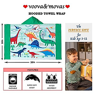 VOOVA & MOVAS Kids Towels with Hood | Soft Cotton (30X50 inches) Beach | Pool | Bath Towels | Summer Beach Essentials | Wrap Bathrobe for Boys Ages 3-10, for Toddler, Dinosaur | Dino