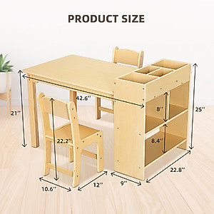 OOOK Kids Art Table and 2 Chairs, Toddler Activity Table with Large Storage Shelves, Wood Activity Desk for Writing Drawing Suitable for Playrooms & Classroom