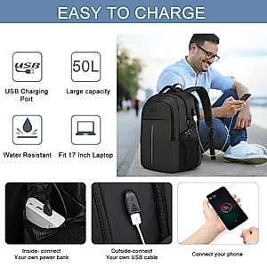 Backpack for Men,Extra Large 50L Travel Backpack with USB Charging Port,Laptop Backpack 17 Inch Water Resistant Big Capacity Heavy Duty Computer Bag TSA Approved Business College School Bookbags,Black