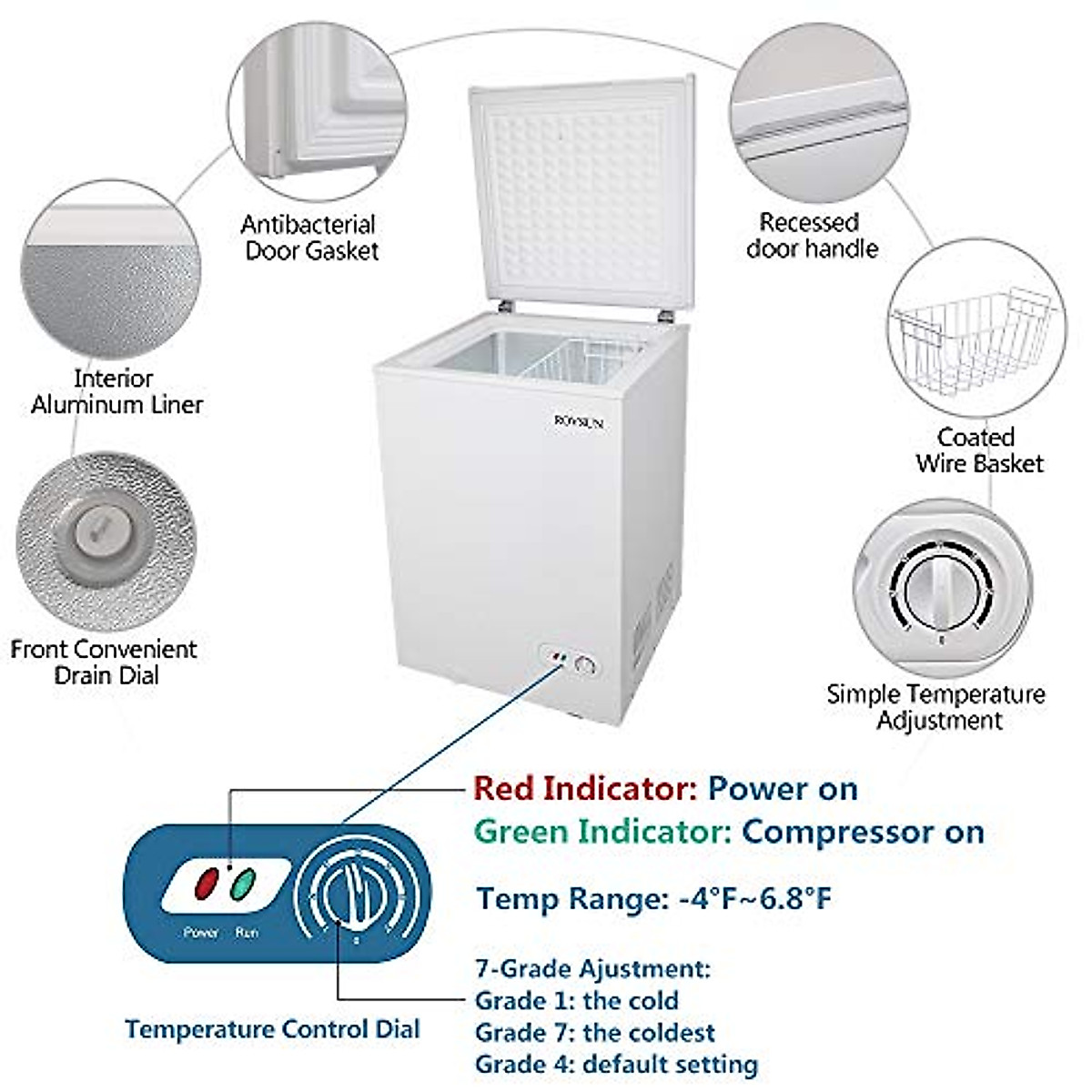 ROVSUN 3.5 Cubic Feet Chest Freezer, Compact Deep Freezer with Storage Basket, Adjustable Thermostat, Ideal for Home Kitchen Office RV, White