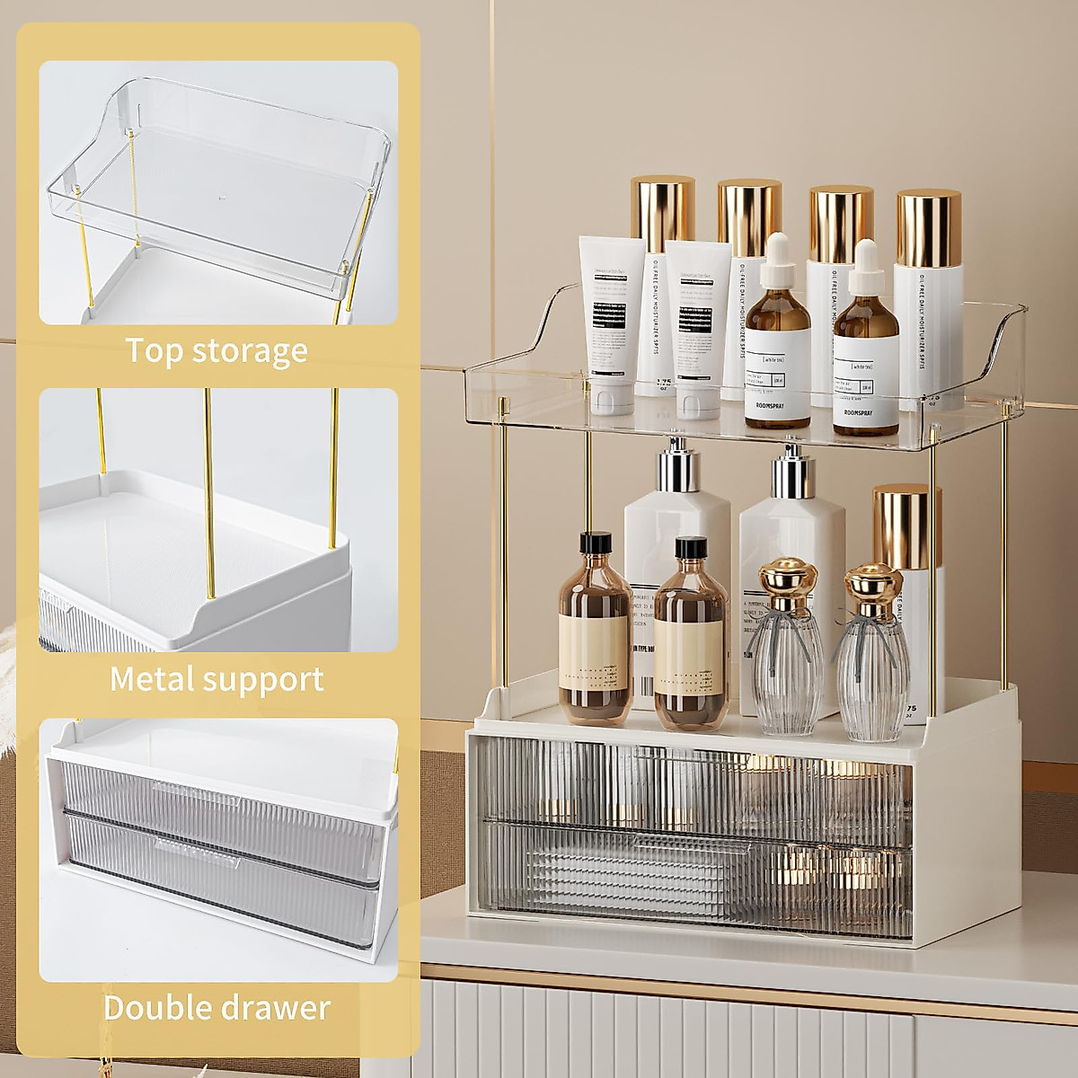 CISIREE Bathroom Countertop Organizer, 2 Tier 2 Drawer Large Skincare Organizers,Luxury Makeup Organizer Countertop,Exquisite Bathroom Vanity Organizer,Clear