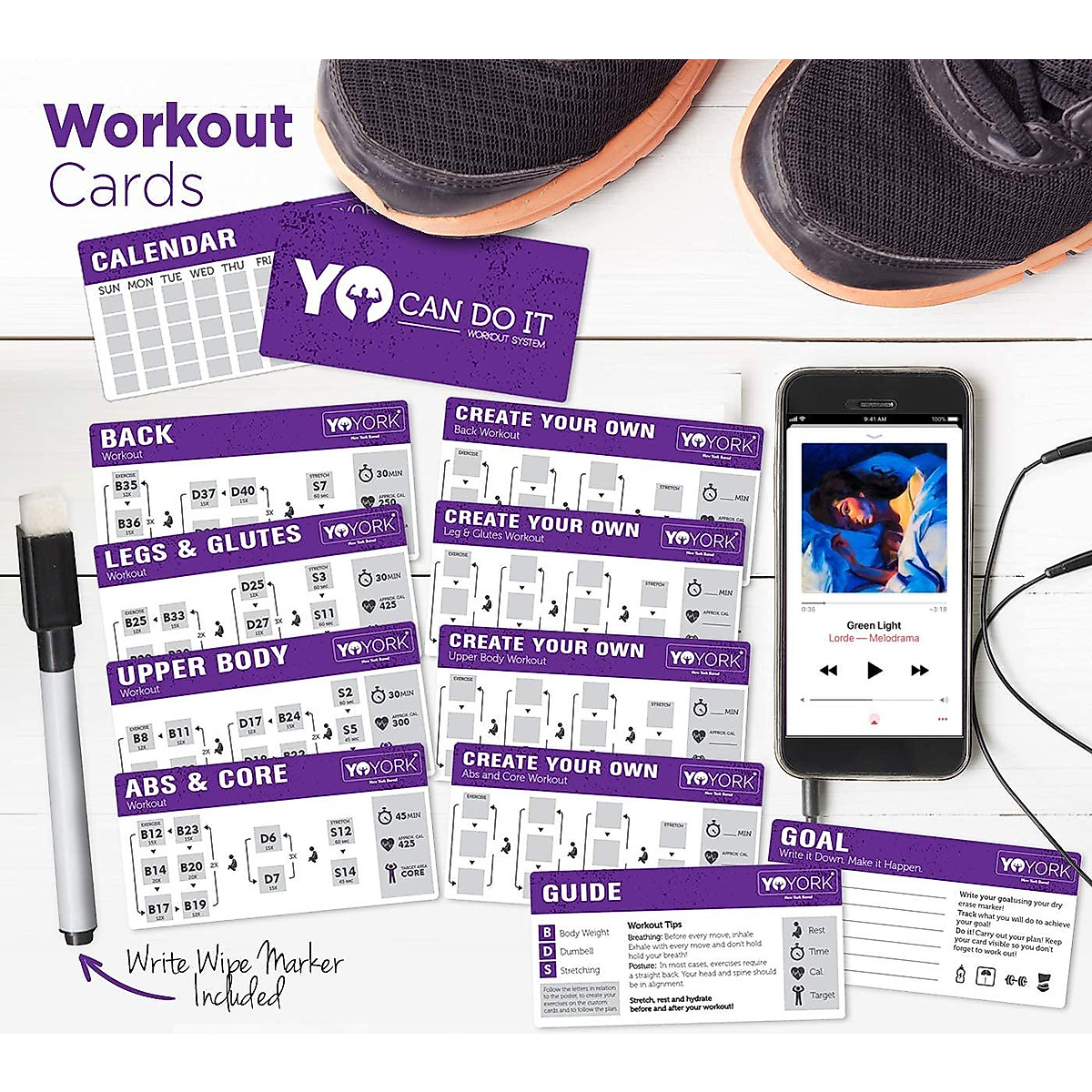 YoYork Exercise Posters for Stretching, Dumbell & Bodyweight Training - Home Gym & Fitness Workout w Minimal Equipment Needed - Get Full Body Workout at Home - 3 Laminated Posters Plus Workout Cards