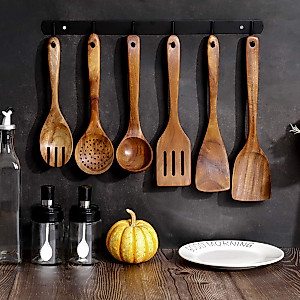 Wooden Kitchen Utensil Set Uncoated Dishwasher Safe Bamboo Cooking Utensils Set with Holes, Organic Teak Wooden Spoons for Cooking (Dark Brown)