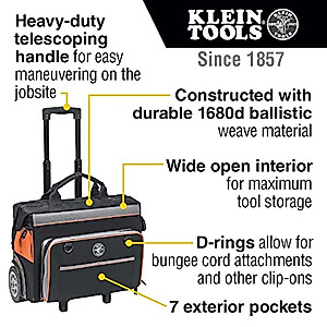 Klein Tools 55452RTB Tool Bag, Water Resistant Tool Storage Organizer Rolls on Rugged 6-Inch Wheels, 24 Pockets, Load Tested to 200-Pound