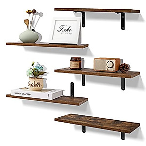 upsimples Floating Shelves for Wall Decor Storage, Wall Mounted Shelves Set of 5, Sturdy Small Wood Shelves with Metal Brackets Hanging for Bedroom, Living Room, Bathroom, Kitchen, Book, Dark Brown