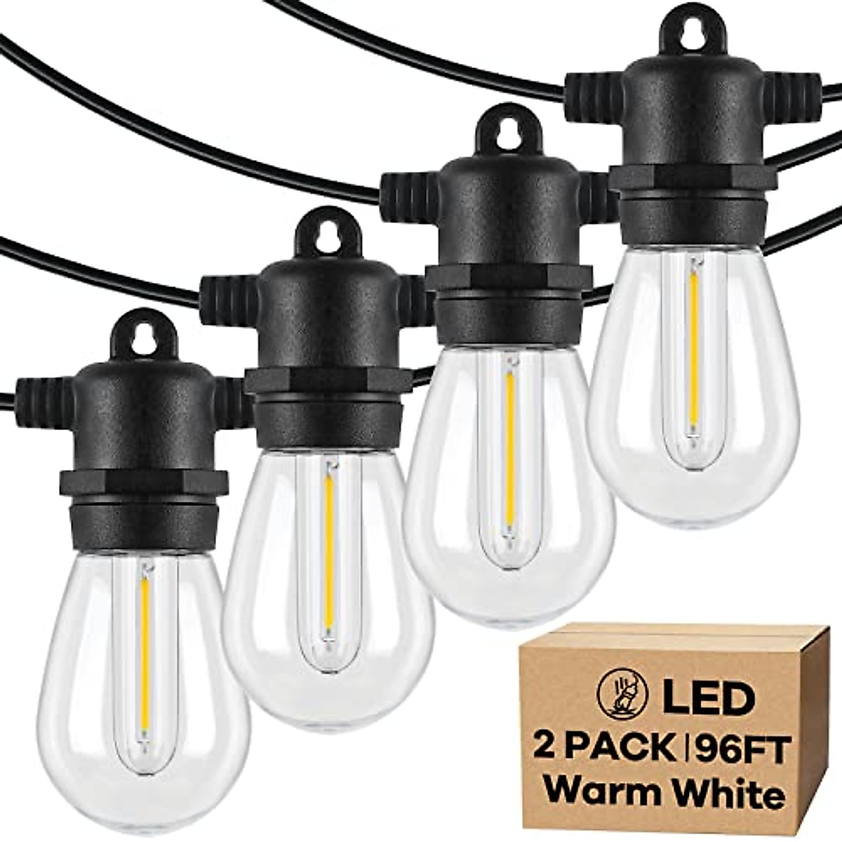 2-Pack 96FT(48×2) Outdoor String Lights for Patio with Waterproof Shatterproof Dimmable 2700K E12 LED Filament Bulbs, Linkable Commercial Grade Black Hanging String Lights for Garden Porch Backyard