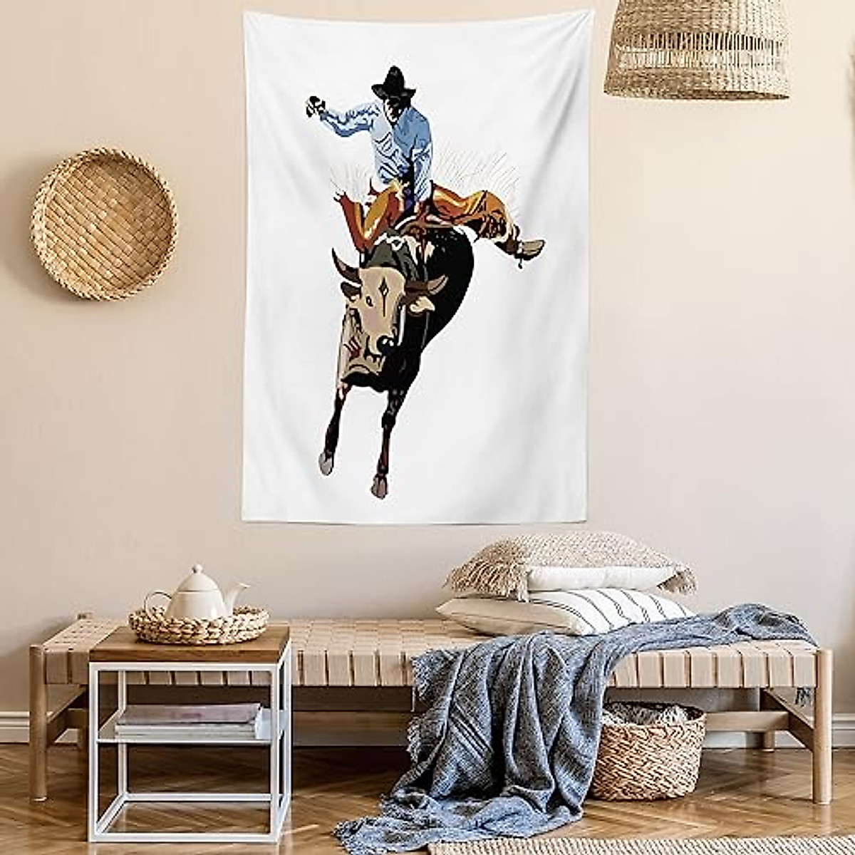 Ambesonne Rodeo Tapestry Twin Size, Yea Haw Cowboy Bucking Bull Western Sports American Graphic, Wall Hanging Bedspread Bed Cover Wall Decor, Twin Size, Rust Beige