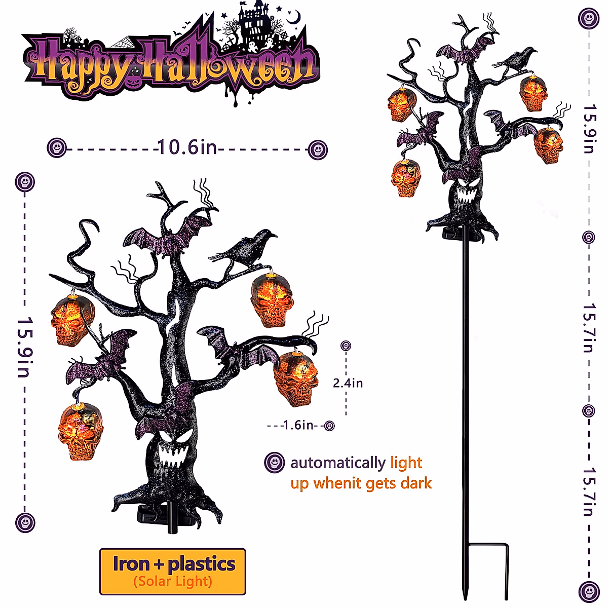 Halloween Solar Light Outdoor Decorations Waterproof 2Pack,Scary Iron Art Pathway Lights Metal Yard Garden Stake Lights Outdoor Lawn Yard Porch Ornaments Bat Skull Tree Party Decor