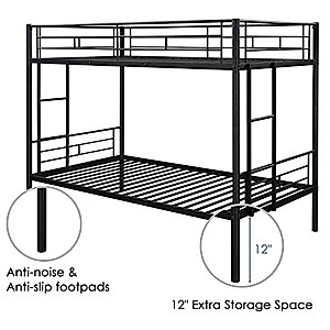 KIVENJAJA Bunk Bed Twin Over Twin Size, Metal Twin Bunk Bed Frame with Safety Guardrail & 2 Ladders, Space-Saving, No Box Spring Needed (Black)