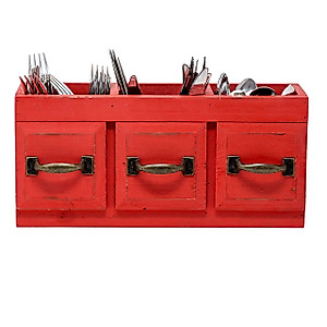 Boston Warehouse Rustic Farmhouse Flatware Caddy, 3 Section, Wood with Drawer Pulls