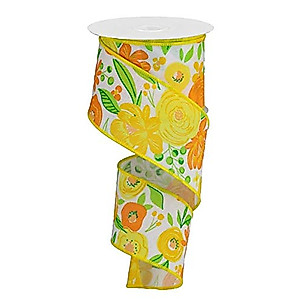 Bold Blooms Floral Royal Canvas Wired Edge Ribbon - 10 Yards (Orange, Green, Yellow, 2.5")