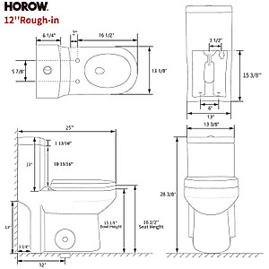 HOROW HWMT-8733 Small Compact One Piece Toilet For Bathroom, Powerful & Quiet Dual Flush Modern Toilet, 12'' Rough-In Toilet & Soft Closing Seat Include, 25"D x 13.4"W x 28.4"H, White, Gold Button