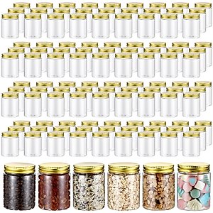 Wesiti 60 Pcs 8 oz Clear Plastic Jars Empty Plastic Storage Containers Refillable Plastic Mason Jars with Metal Golden Lids Transparent Round Canning Jars for Spice Dry Food Honey Herb Kitchen