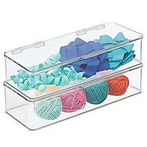 mDesign Long Plastic Craft Room Stackable Storage Organizer Box Containers with Hinged Lid for Thread, Beads, Ribbon, Glitter, Clay, Sewing, Crochet, Fabric, Stamps, and Scissors, 2 Pack - Clear