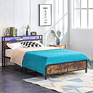 Gustonhon Industrial Queen Bed Frame with Headboard,Metal Bed Frame Queen Size with Storage Under-Bed,Mattress Foundation with LED Lights and Charging Station,2-Tier Storage Shelf (Queen)