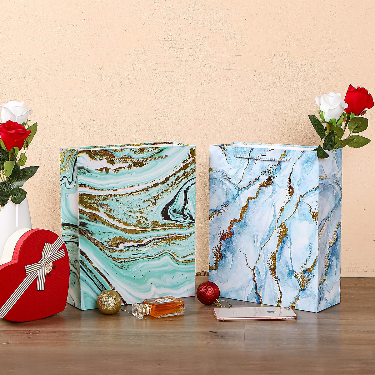 Lancool 12Pack Gift Bag, Gift Bags Small Size, Premium Marble Gift Bags Medium Size, Gift Bags Small Size Bulk, 4 Assorted Designs Foil Gift Bags for Fathers Day, Baby Shower, Birthday, Wedding, Party Favors, 9.25Inch