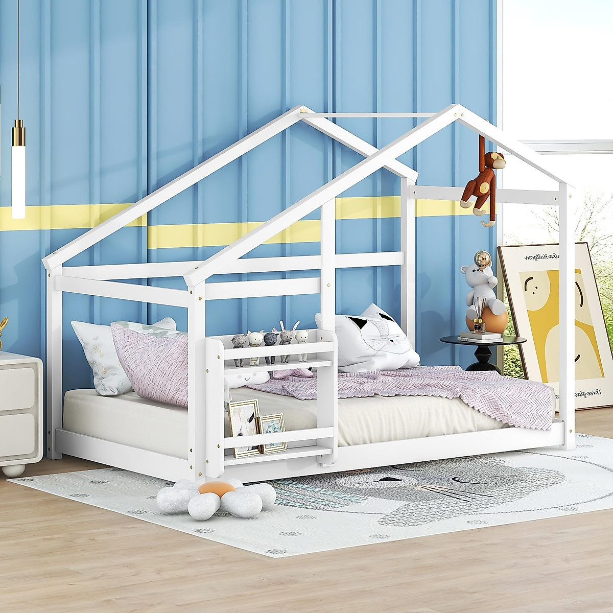 Bellemave House Bed for Kids, Twin Floor Bed, Pine Wood House Floor Bed, Montessori Bed for Kids, Gray with Shelf