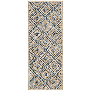 SAFAVIEH Cape Cod Collection 2'3" x 10' Natural / Blue CAP354A Handmade Flatweave Diamond Braided Jute & Denim Runner Rug