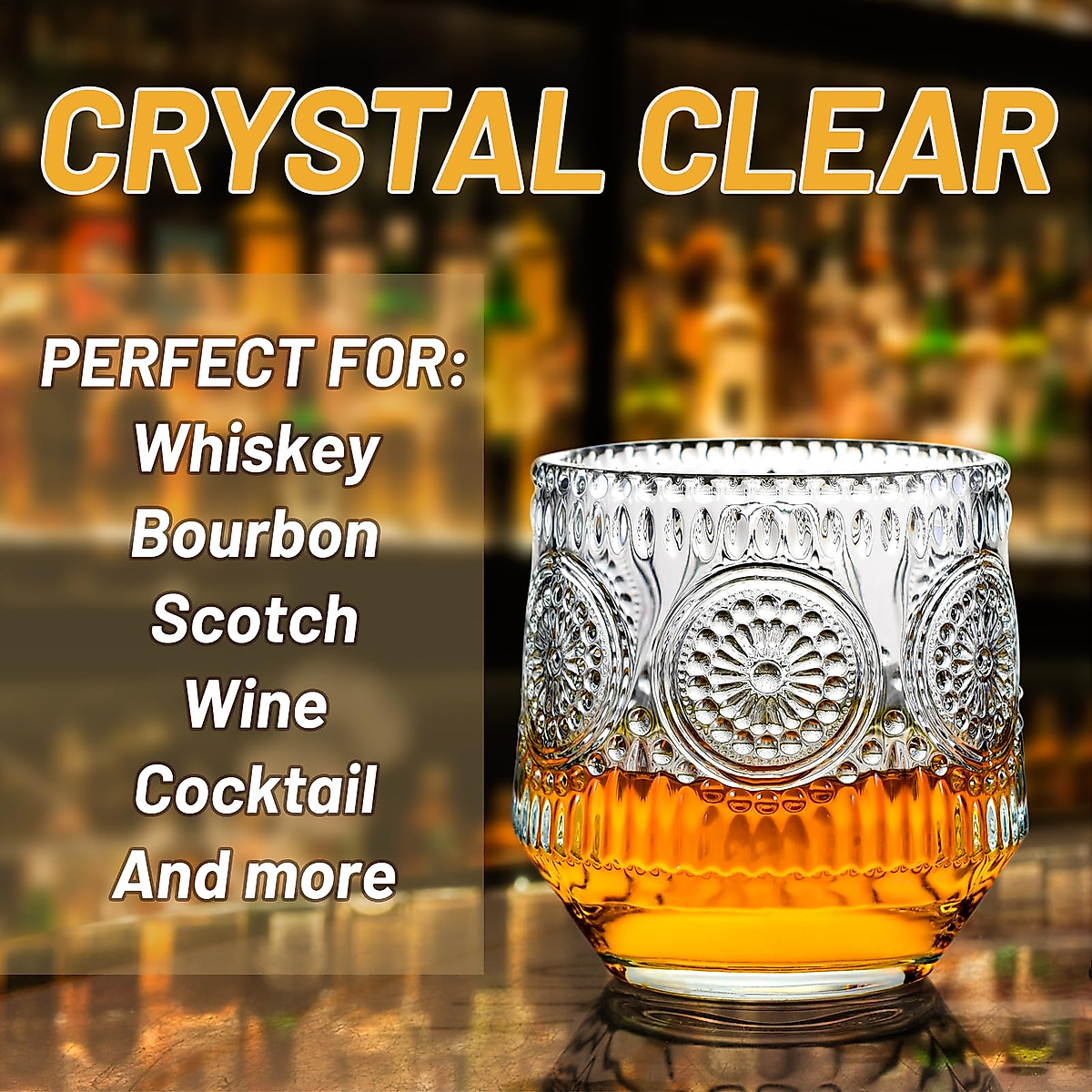 Wongblee Vintage Whiskey Glasses Set of 6, 13.5 OZ Scotch Bourbon Rock Glasses, Old Fashioned Embossed Drinking Cups for Gift, Home Bar, Party