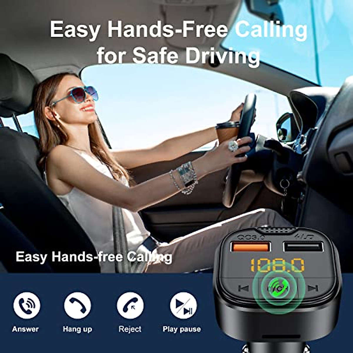 Bluetooth Adapter for Car，Bluetooth FM Transmitter for Car,MP3 Player QC3.0 Quick Charge for All Smartphones Audio Players，Supports TF/SD Card and USB