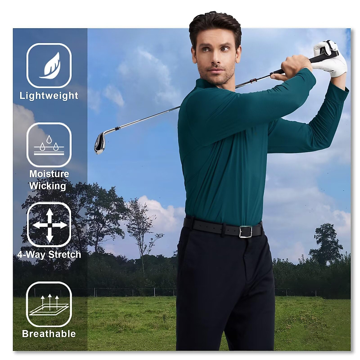 Long Sleeve Golf Shirts for Men UPF 50+ Sun Protection Casual Activewear Striped Mens Polo Turquoise