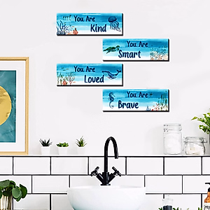Underwater World Wooden Wall Art Children's Room Wall Decor Sea Creatures YOU ARE Series Home Decorations for Bedroom Blue Ocean Nautical Theme Wall Art Turtle Starfish Dolphin Coral Reef Gift Artwork