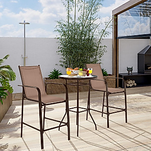Tangkula 3 Pieces Outdoor Patio Bar Set, Outdoor Bistro Set with 2 Bar Stools and 1 Tempered Glass Bar Table, Bar Height Patio Table and Stools Set for Backyard, Garden, Lawn (Coffee)