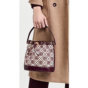 Tory Burch Women's T Monogram Chenille Bucket Bag, Claret/New Cream, Red, Graphic, One Size
