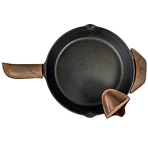 Cast Leather Co. - Rustic Hot Handle Holders (Set of 3) Panhandle, Side Kick & Grip Mitt Handmade from Full Grain Leahter, Assist Grip for Cast Iron Skillets & Pans - Bourbon Brown