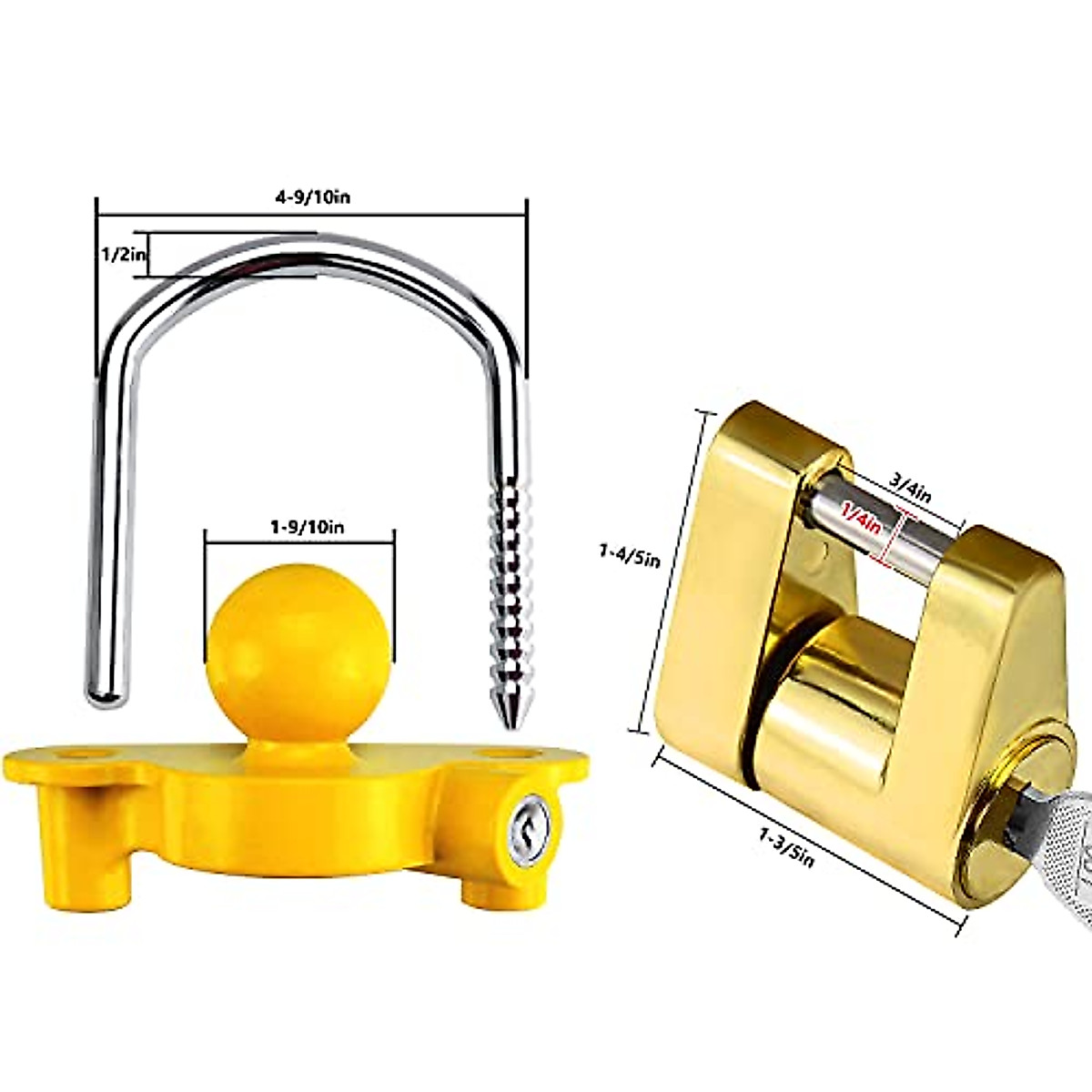 Trailer Hitch Security Lock Set Including Yellow U-Shaped Universal Ball Hitch Lock #72783, 1/2" and 5/8" Receiver Hitch Pin Lock, Golden Trailer Hitch Lock Coupler Locking Pin, Share the Same 2 Keys