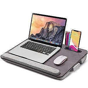 Lap Desk Laptop Bed Table: Fits up to 17 inch Laptops Portable Pad Computer Lapdesk - Large Holding BedDesks with Soft Pillow & Storage Bag - Office Wooden Writing Bed Table