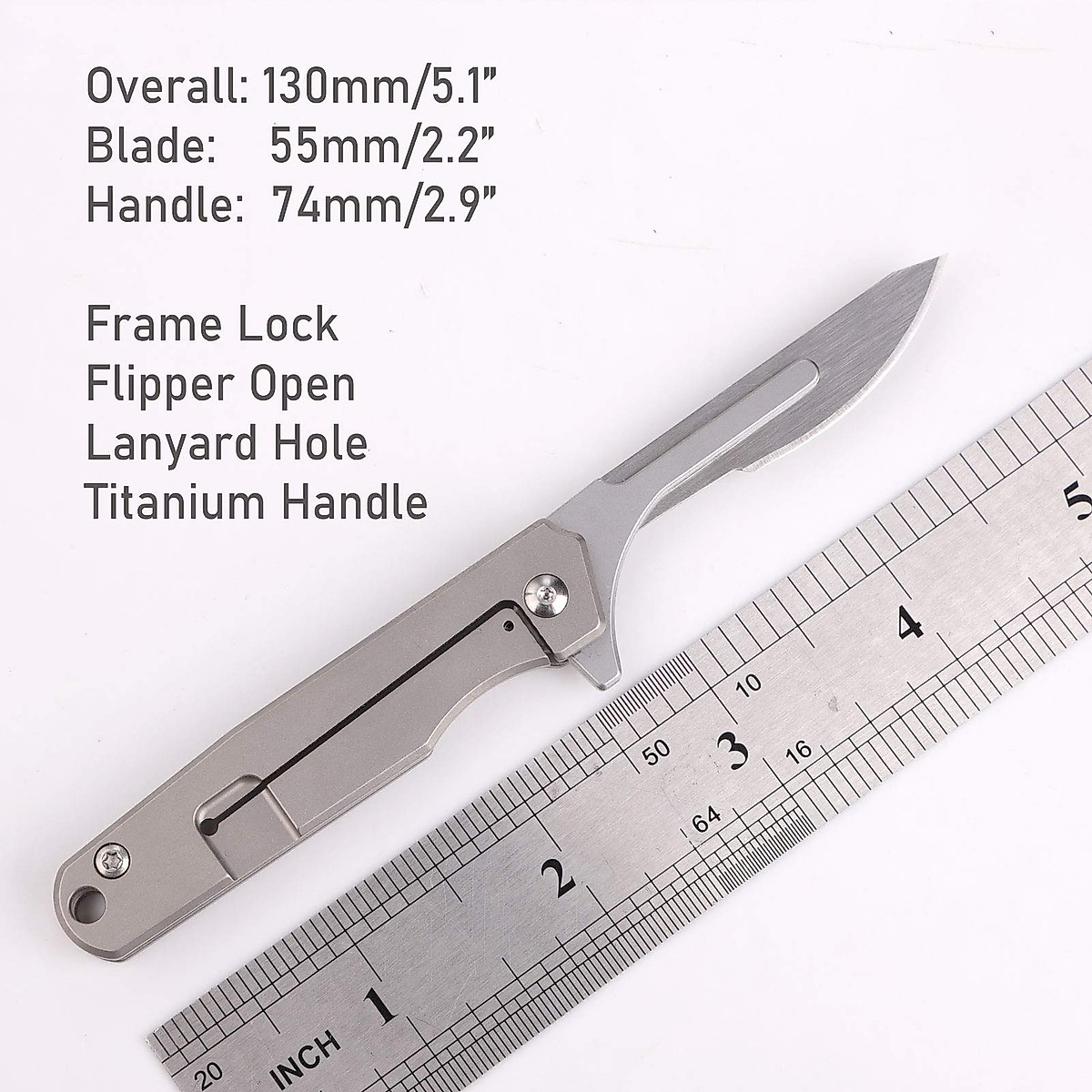 Samior TS51 Small Slim Scalpel Folding Pocket Flipper Knife with 10pcs #24 Replaceable Blade, 5.1 inches Grey Titanium Handle with Liner Lock, Utility EDC Keychain Knives, 0.99oz