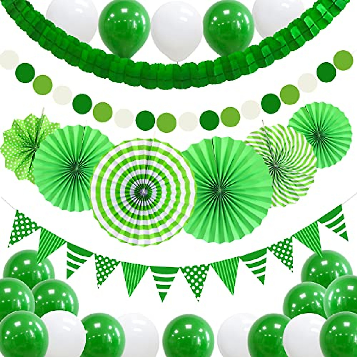 Green Party Decorations - Green Hanging Triangle Flags Banner Round Garland Four-Leaf Clover Garland Paper Fans Balloons for Men Women Birthday St Patrick's Day Decorations Graduation Baby Shower