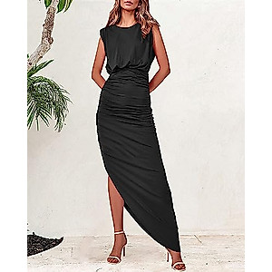 BTFBM Women Sleeveless Ruched Bodycon Dress 2023 Summer High Waist Asymmetrical Slit Formal Party Cocktail Maxi Dresses(Solid Black, Medium)