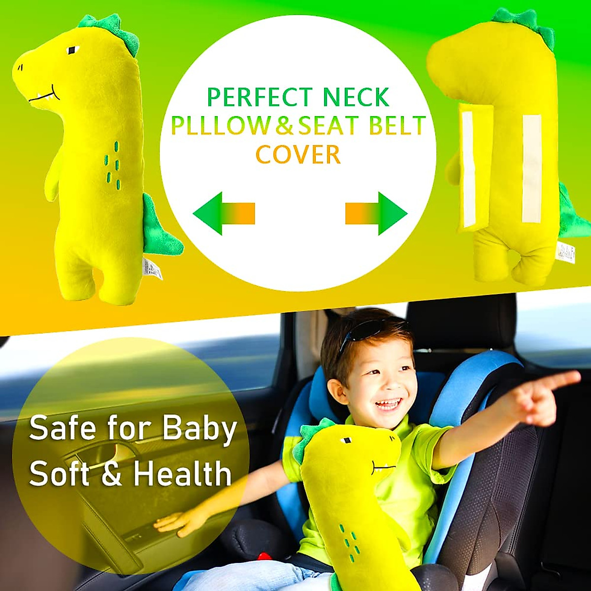 Barelove Seat Belt Cover Pillow for Kids, Car Seatbelt Cushion Shoulder Neck Support Protector Pad, Soft Stuffed Plush Travel Vehicle Safety Belts Strap Pillow for Boys and Girls Headrest (Dinosaur)