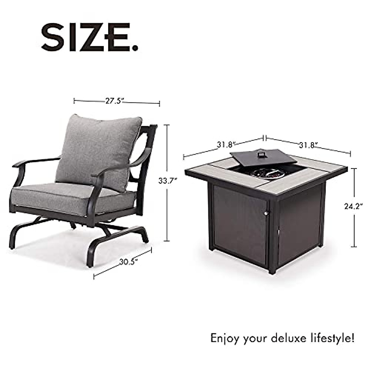 Grand patio 5 PCS Outdoor Furniture Conversation with 32 in Fire Table Set Grey Cushions Rocking Chairs Propane Gas Fire Pit