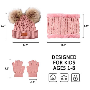 Yuoahcn 3 PCS Kids Winter Beanie Hat Round Scarf Gloves Set Thick Twist Knit Warm Toddler Winter Cap Gloves Neck Warmer for Boys Girls 1-8 Years (Deep Pink)