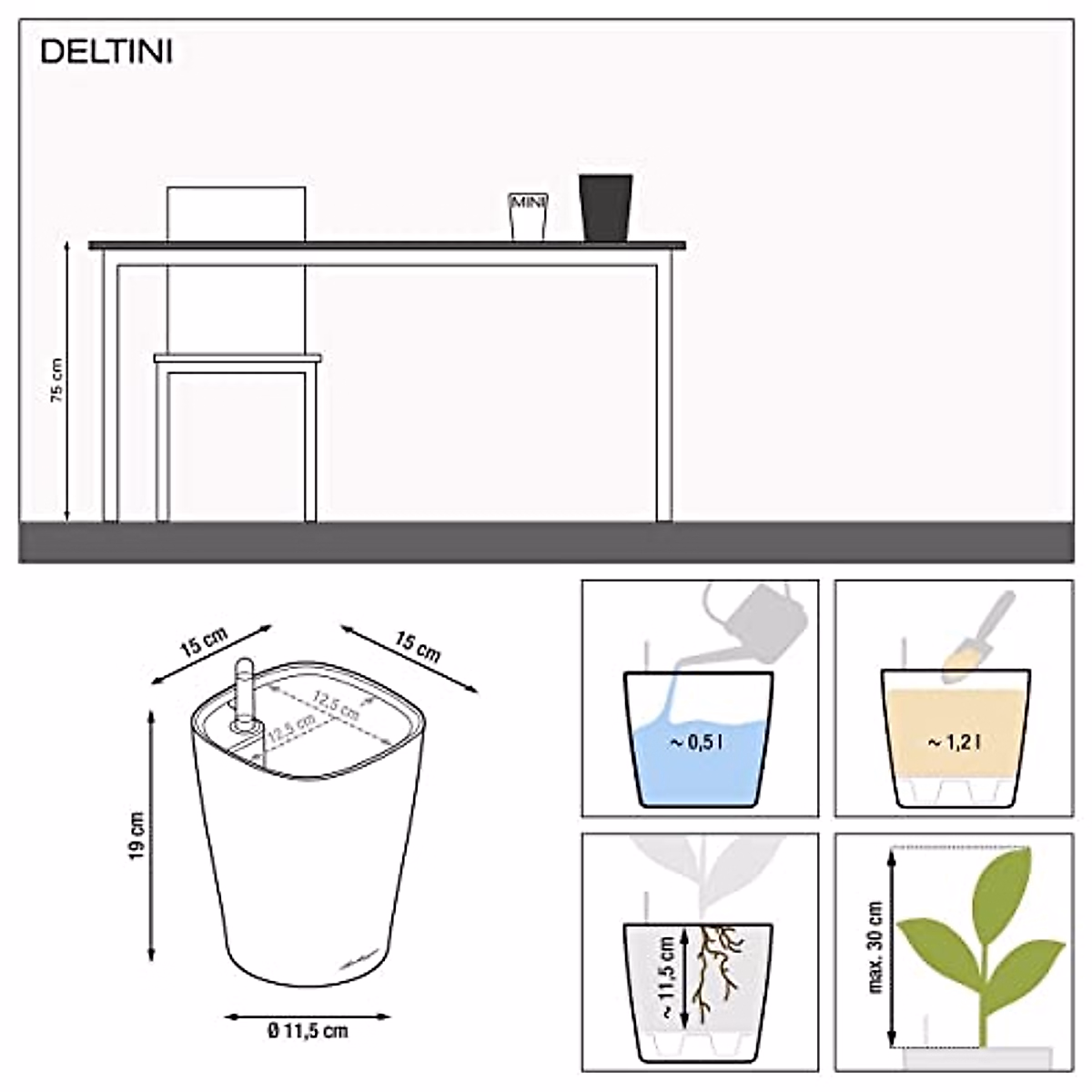 Lechuza 14900 Deltini Self-Watering Planter for Indoor and Outdoor Use, 6" x 6" x 7", White