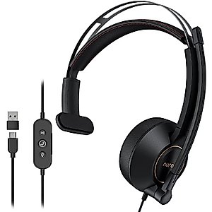 NUROUM Single Ear Computer Headset with Microphone,Wired AI Noice Cancelling Headset with USB in-line Control,USB/Type-C/3.5mm Jack for Calling/Gaming/Conference/Music