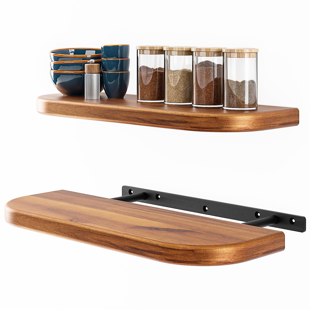 BATODA 17" Acacia Wood Floating Shelves Wall Mounted (Round Edge) – Rustic Farmhouse Wooden Wall Storage Shelf for Bedroom, Kitchen - Brackets and Shelving Hardware Included (Acacia, 17 Inch Length)