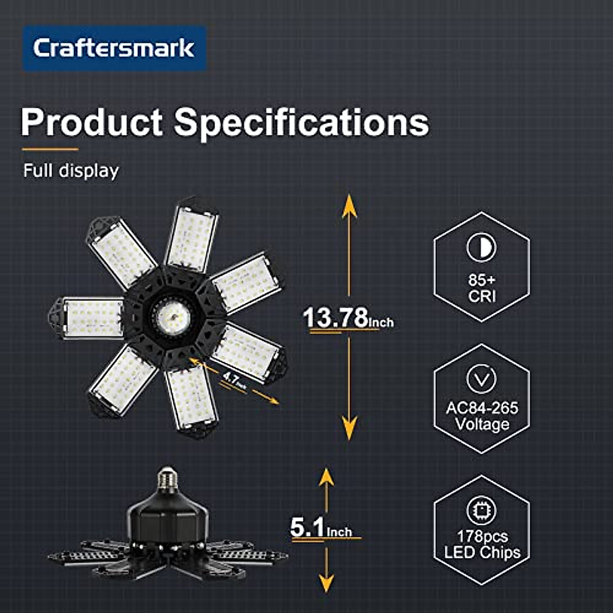 LED Garage Lights - 175W Garage Lights Ceiling LED with 7 Adjustable Panels, 20000LM Deformable LED Shop Light for Garage, Basement, Barn, High Bay Light, Support E26/E27 Screw Socket (2 Pack)