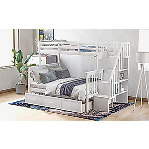 Flieks Twin-Over-Full Bunk Bed with Drawer,4 Storage and Guard Rail, Twin-Over-Full Bunk Bed for Bedroom, Dorm, for Family,Teens,No Box Spring Needed