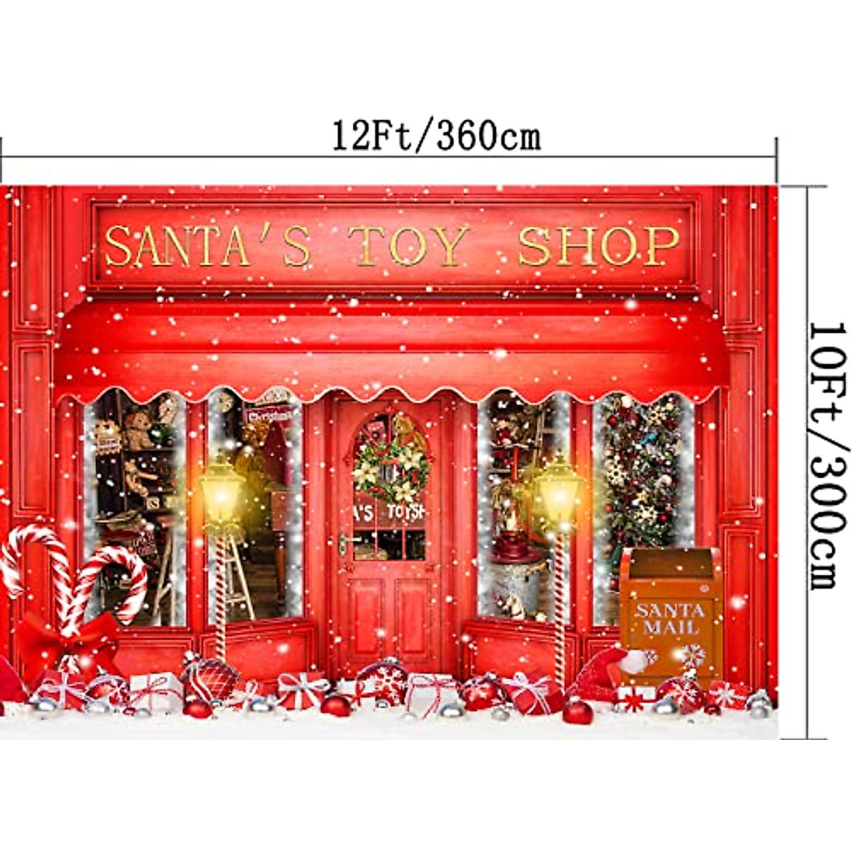DePhoto Red Christmas Photo Backdrop Santa's Toy Shop Candy Cane in Snow World Xmas Family Holiday Party Banner Photography Background Supplies Decor Studio Prop PGT673E 12X10ft