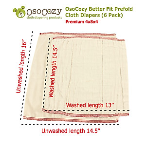 OsoCozy Better Fit Unbleached Prefold Cloth Diapers -100% Cotton, Gauze Weave, Sized for Tri Folding - Diaper Service Quality (DSQ) (Premium 4x8x4 Fits 25-40 lb.) - 6 Pack